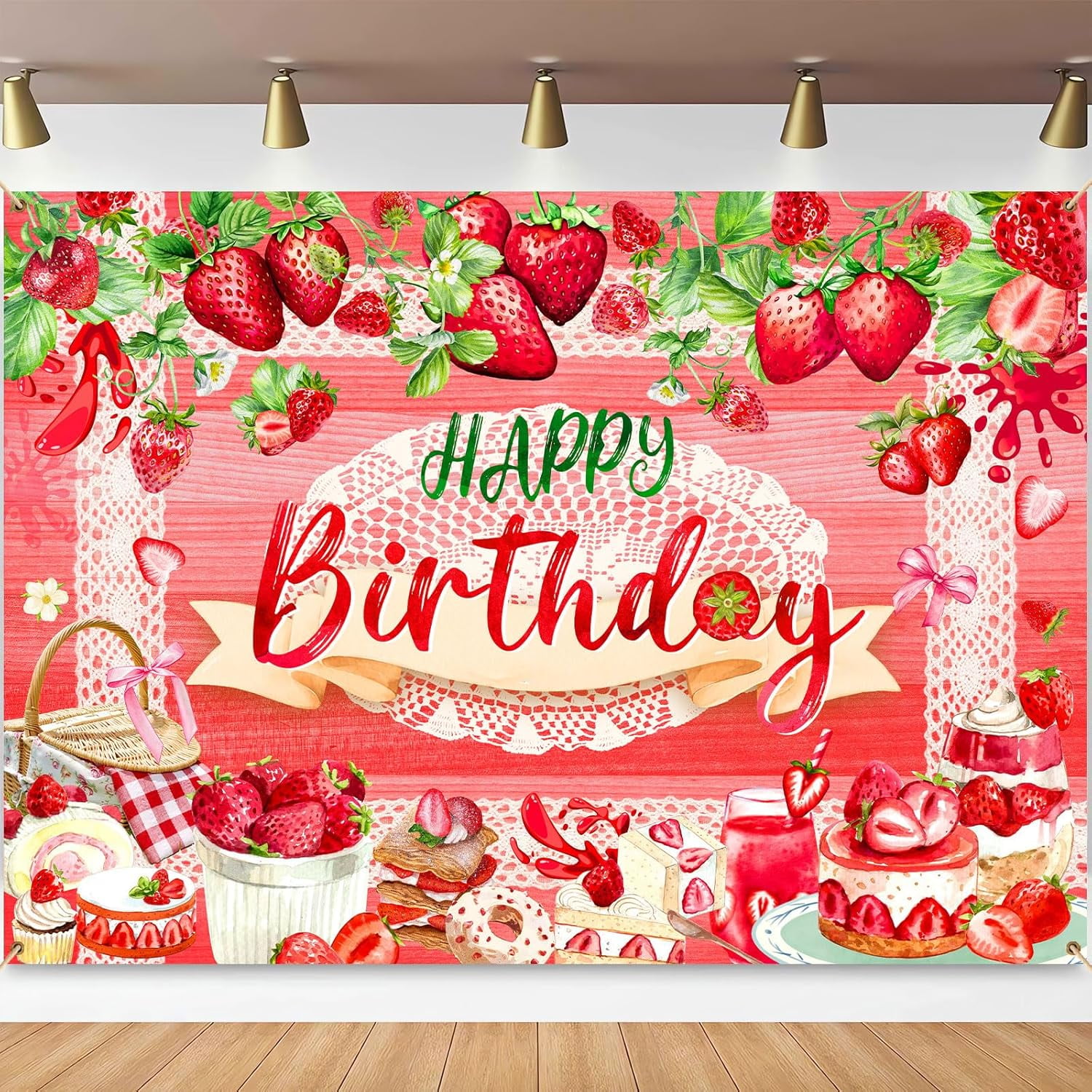7x5FT Strawberry Themed Happy Birthday Backdrop Sweet Girl 1st Birthday ...