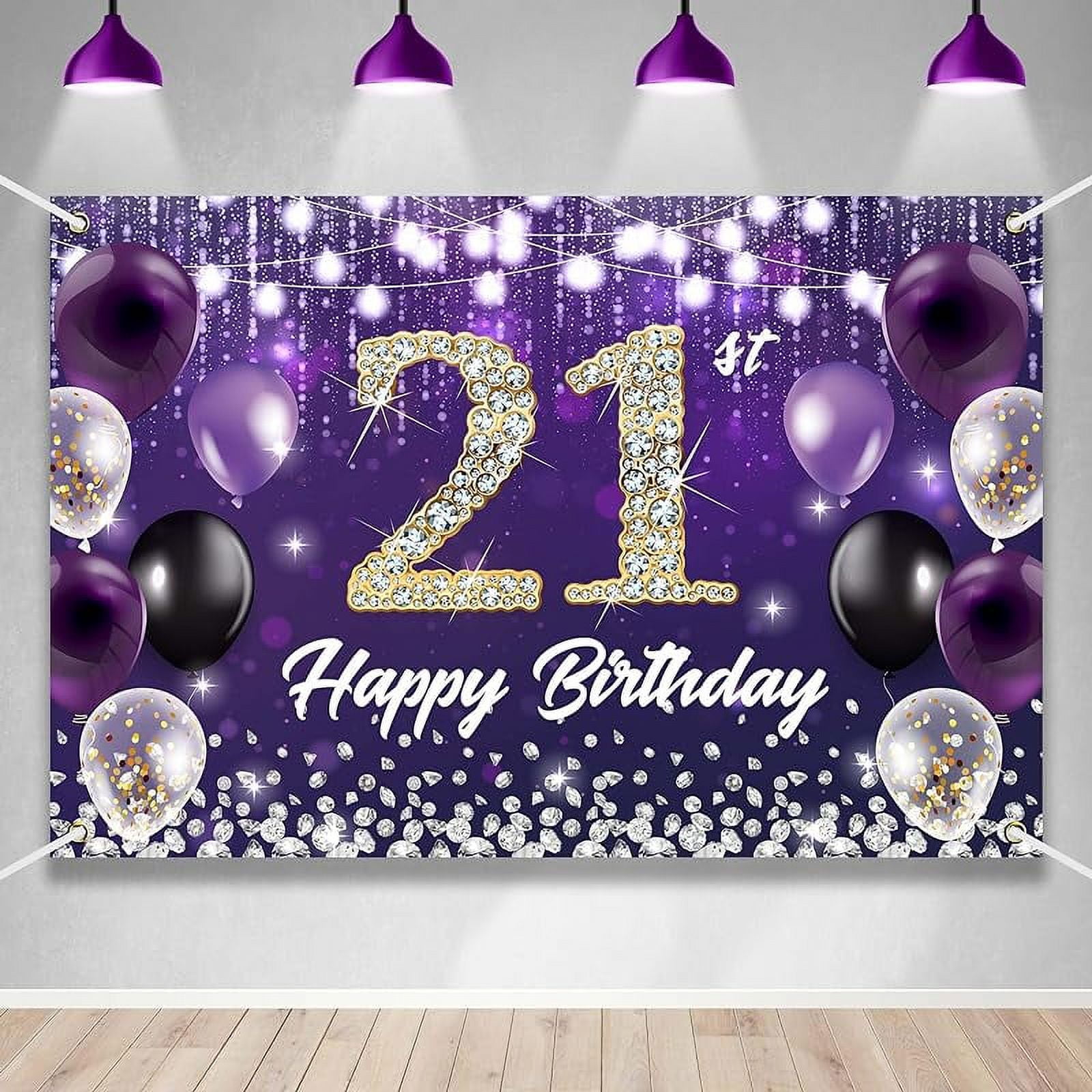 7x5Ft 21st Birthday Backdrop Banner Purple Theme Decor With Shiny ...