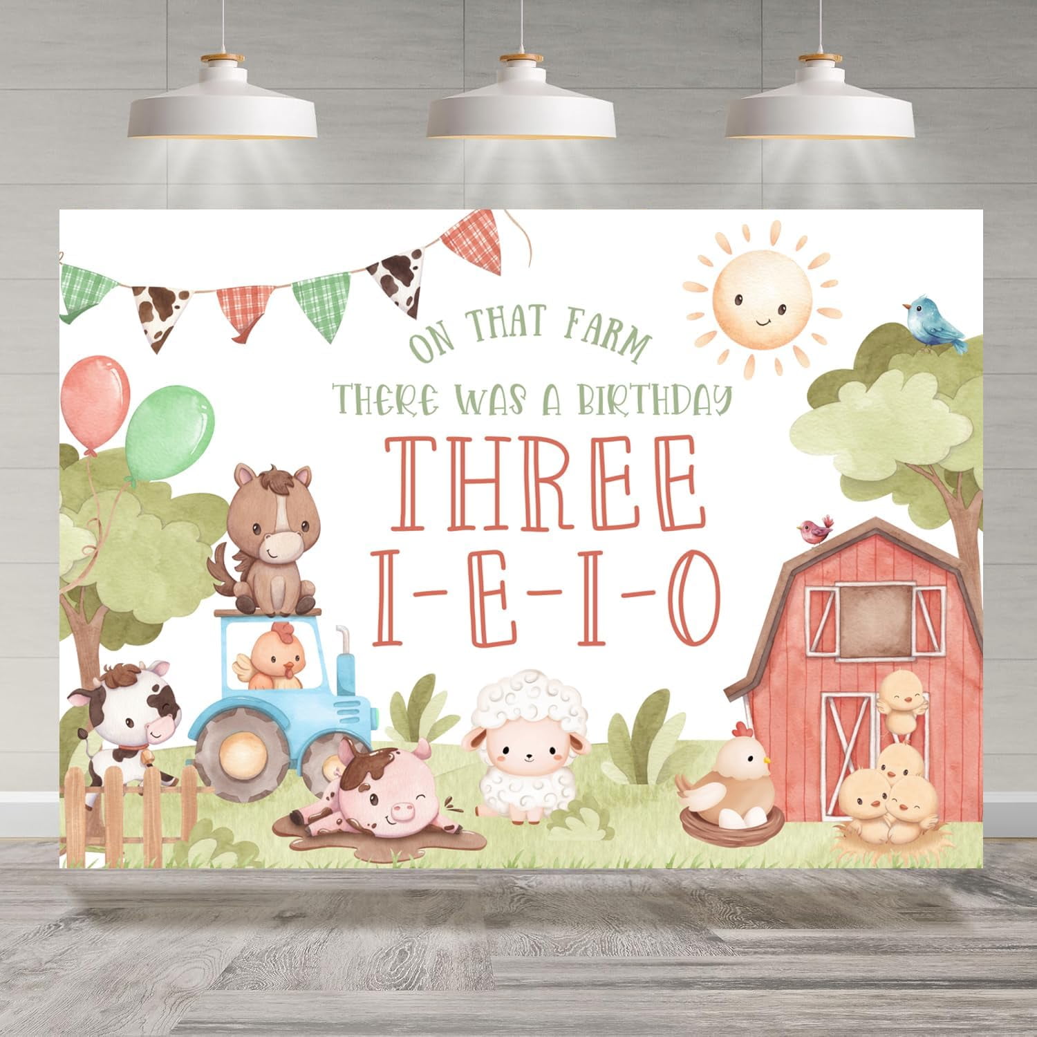 7x5Ft 3rd Birthday Backdrop Farm Animals Sun Trees Balloon Three Years ...