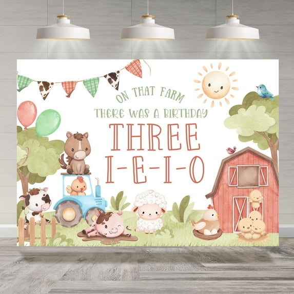 7x5Ft 3rd Birthday Backdrop Farm Animals Sun Trees Balloon Three Years ...
