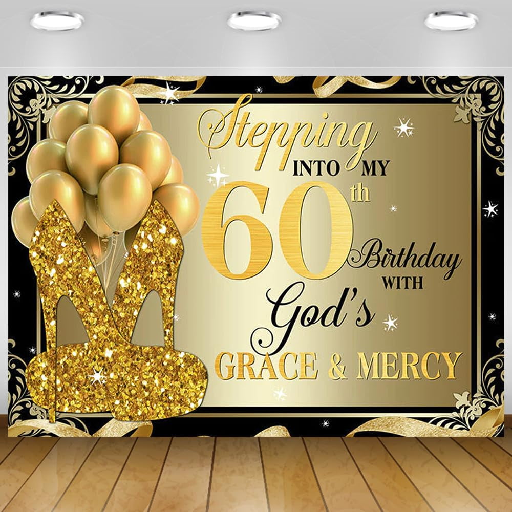7x5Ft 60th Birthday Backdrop for Women Gold High Heels Happy Birthday Backdrop Gold Balloons ...
