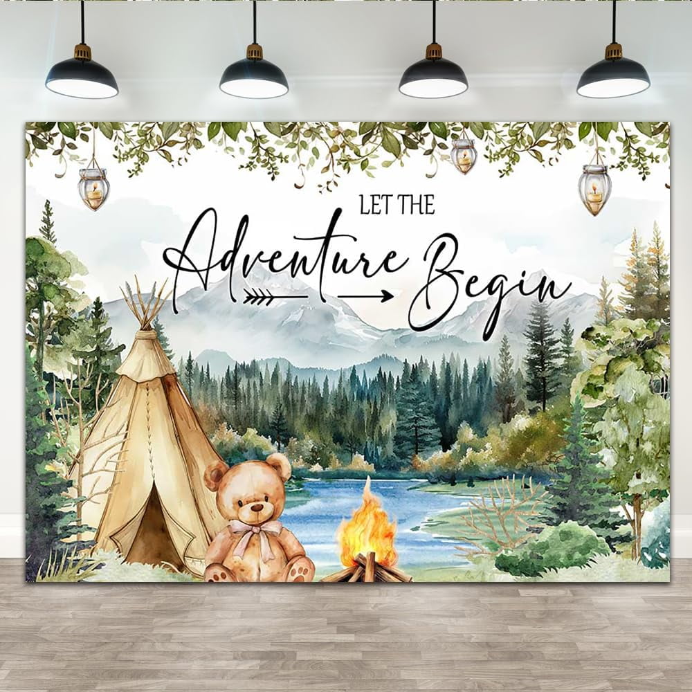 7x5Ft Adventure Awaits Backdrop Rustic Forest Mountains Woodland Let ...