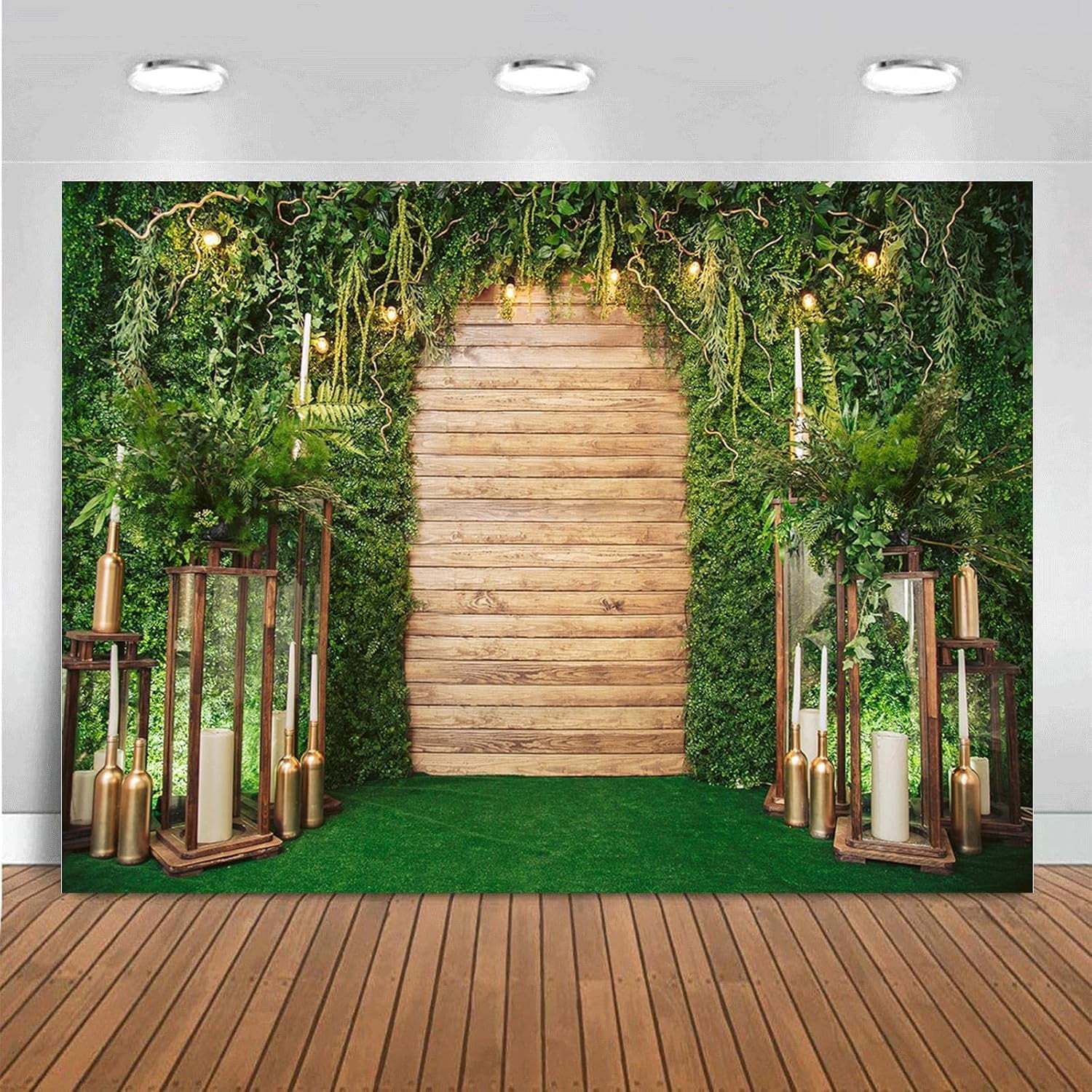 7x5Ft Arched Wooden Door Wedding Backdrop Green Plant Flowers Wall ...