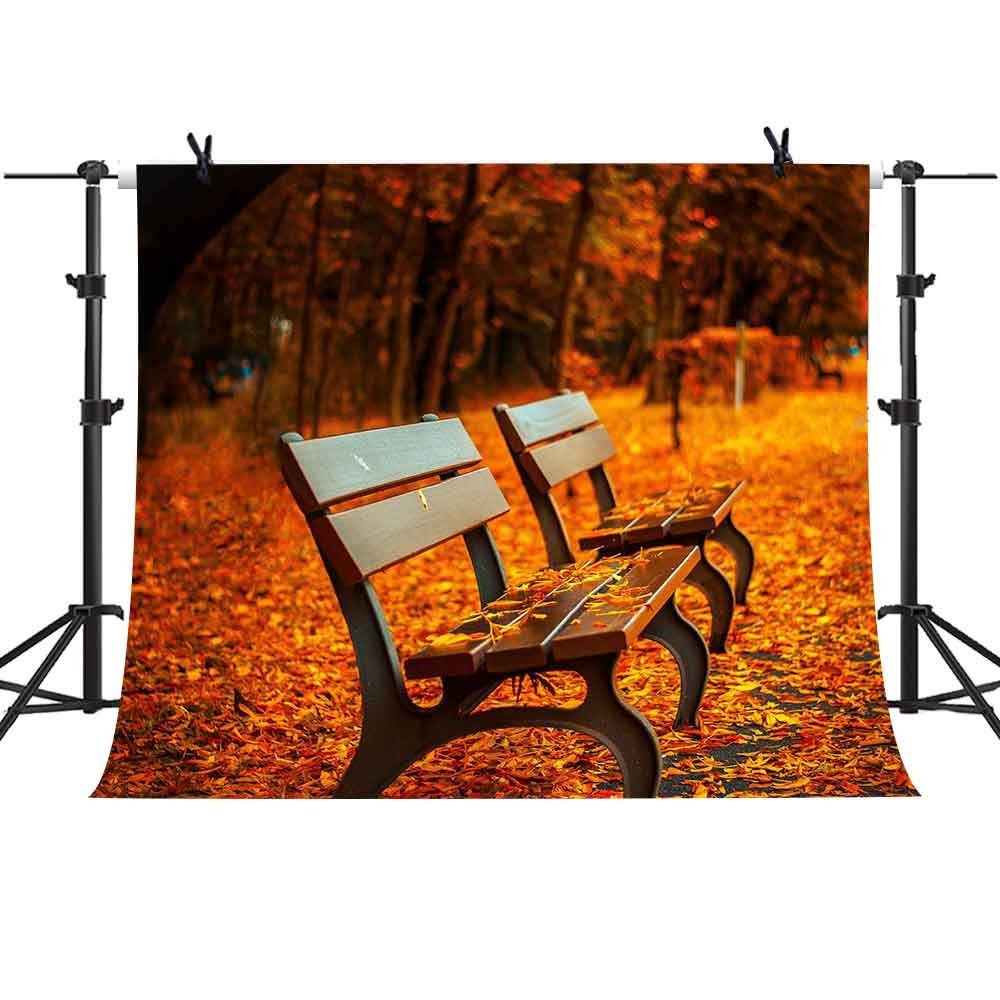 7x5Ft Autumn Backdrop Bench Fallen Leaves Beautiful Background Photo ...