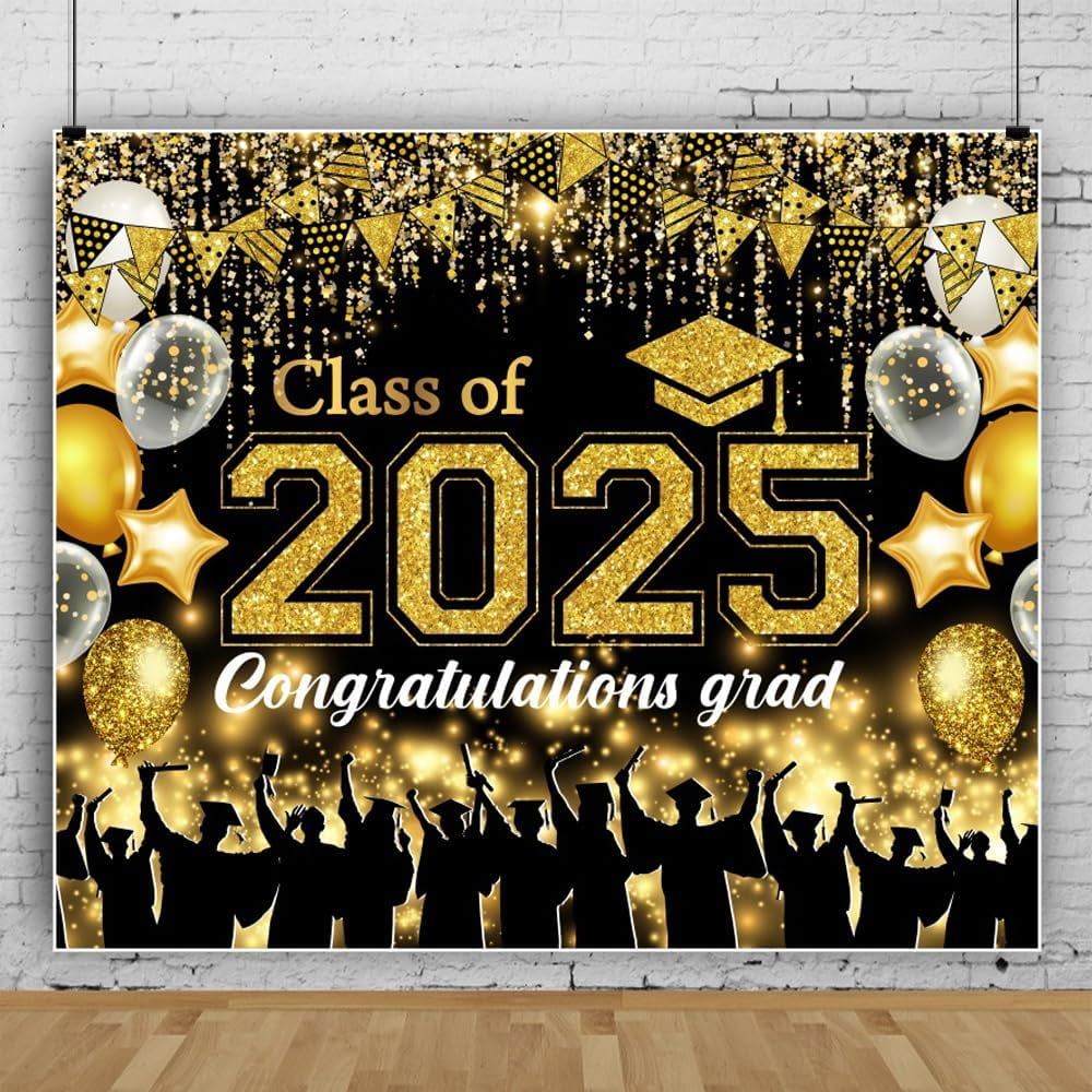 7x5Ft Black and Gold Graduation Backdrop Class of 2025 Congratulations ...