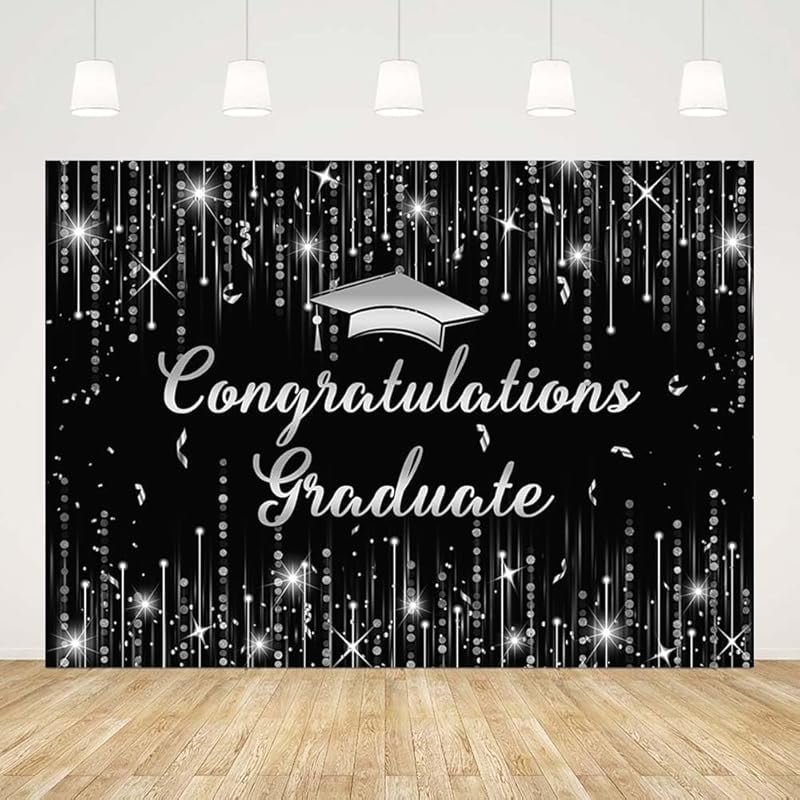 7x5Ft Black and Silver Congratulation Graduate Backdrop Congratulations ...