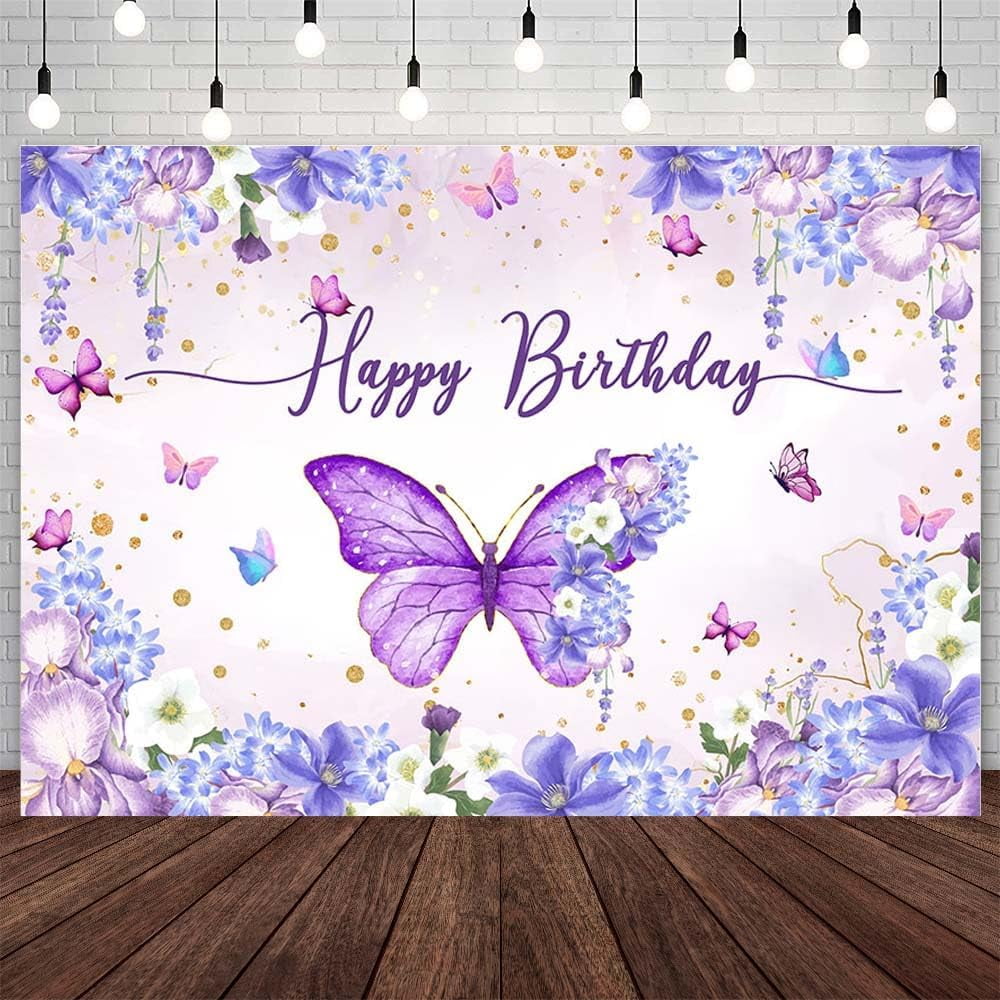 7x5Ft Butterfly Birthday Backdrop for Princess Girl Purple Happy ...