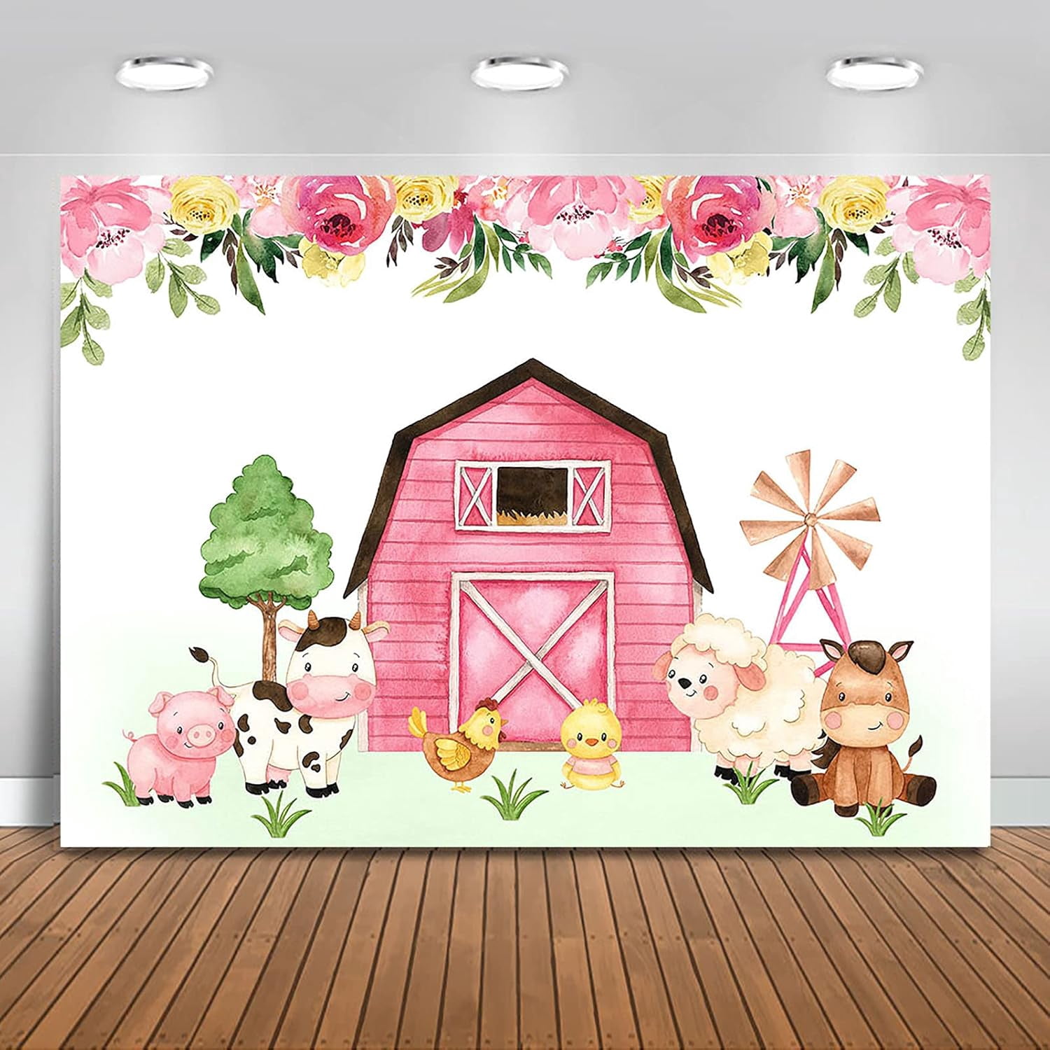 7x5Ft Cartoon Farm Animals Birthday Backdrop for Kids Pink Farm House ...