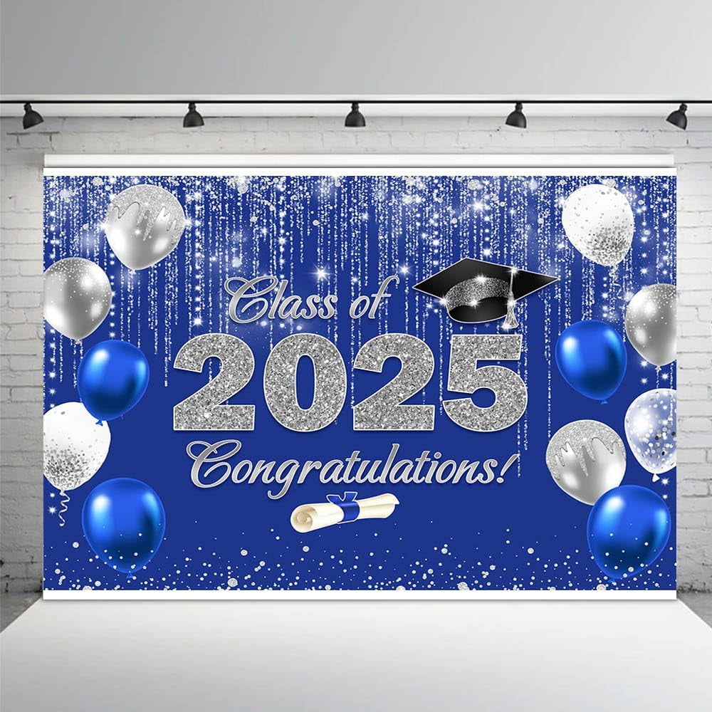 7x5Ft Class of 2025 Party Backdrop, Blue and Silver Congrats Grad ...