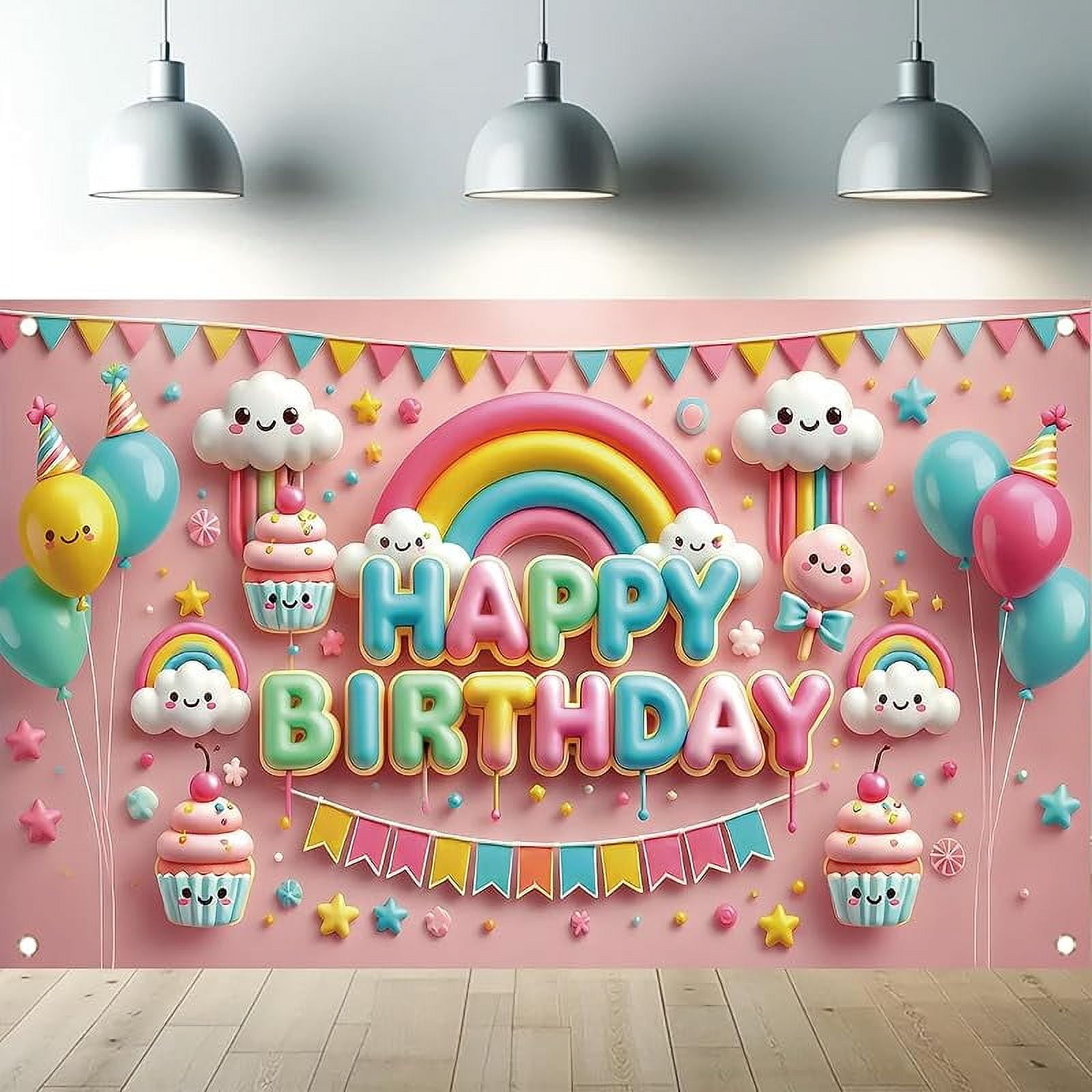 7x5Ft Colorful Rainbow Birthday Party Backdrop Happy Birthday Banner with Balloons Clouds ...