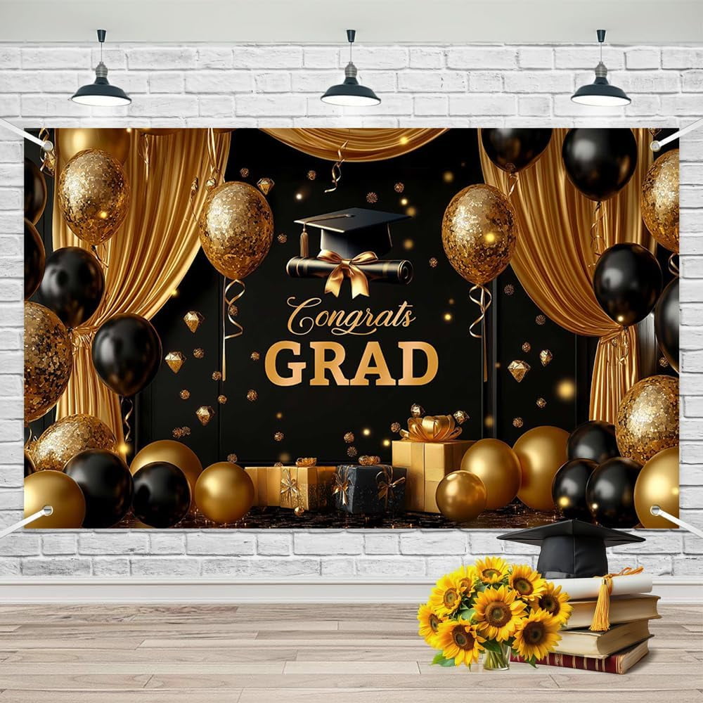 7x5Ft "Congrats Grad" Graduation Banner with Gold and Black Balloons ...