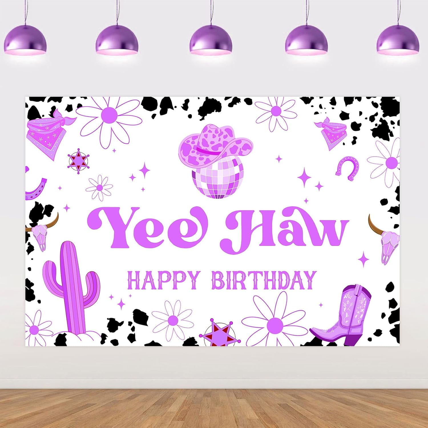 7x5Ft Cowgirl Birthday Party Backdrop Purple Yee Haw Happy Birthday Photography Background ...