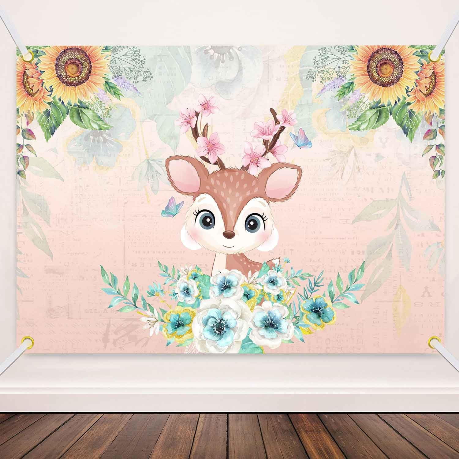 7x5Ft Deer Baby Party Backdrop Sunflower Blue Floral Background Kids ...