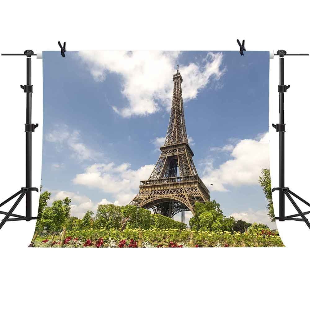 7x5Ft Eiffel Tower Backdrop Blue Sky White Cloud Green Tree Background ...