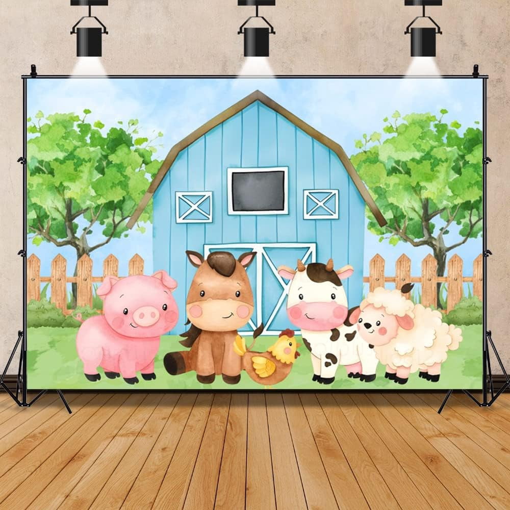 7x5Ft Farm Animals Photography Backdrop Blue and Red Barn Background ...