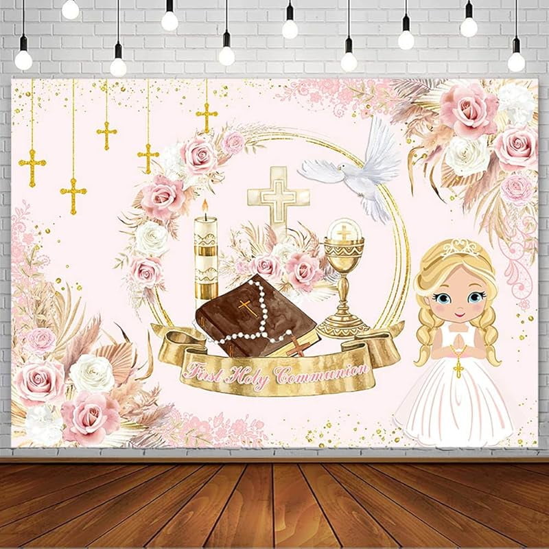 7x5Ft First Holy Communion Backdrop for Girl God Bless Baptism Party ...