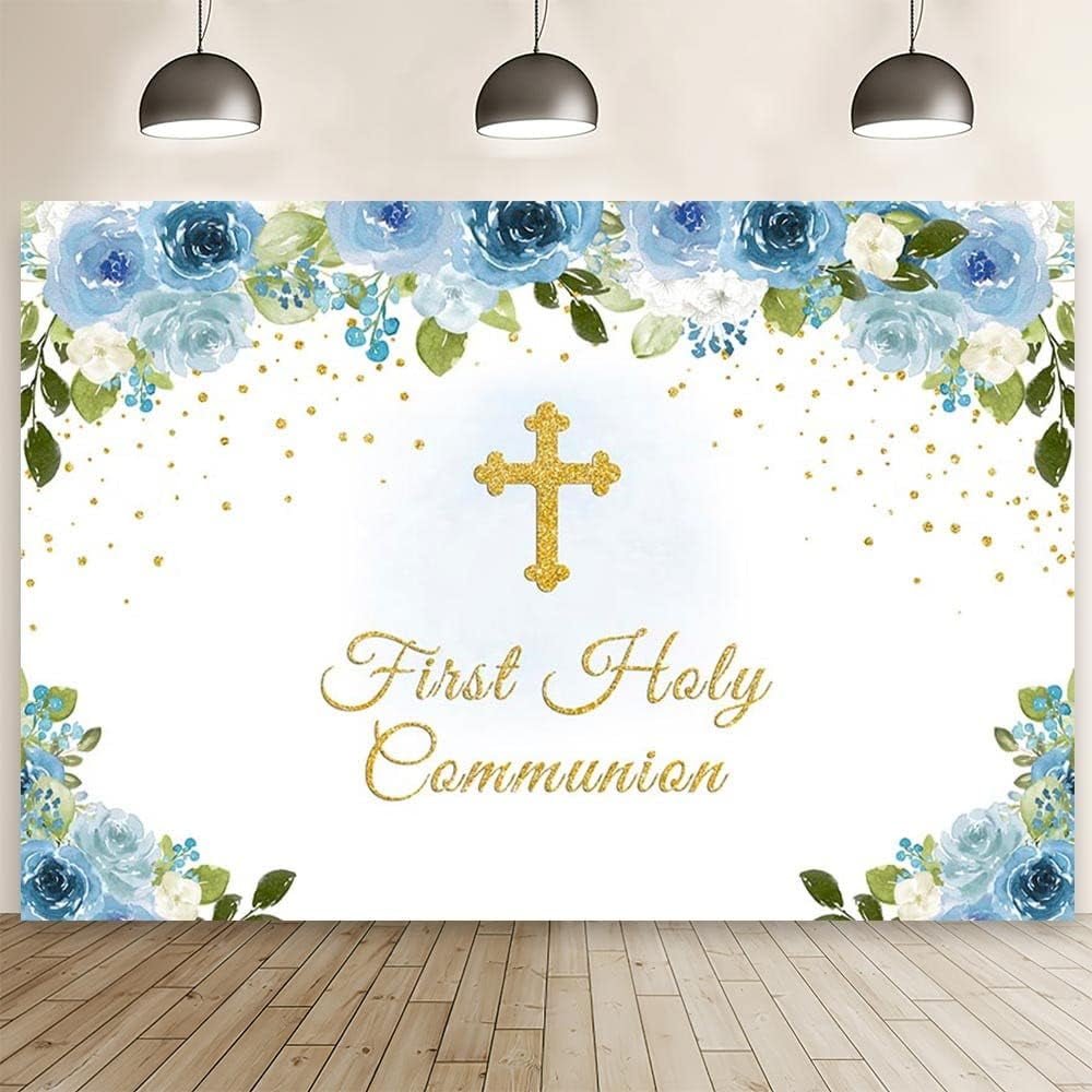 7x5Ft First Holy Communion Backdrop for Kids Blue Flowers Gold Cross ...