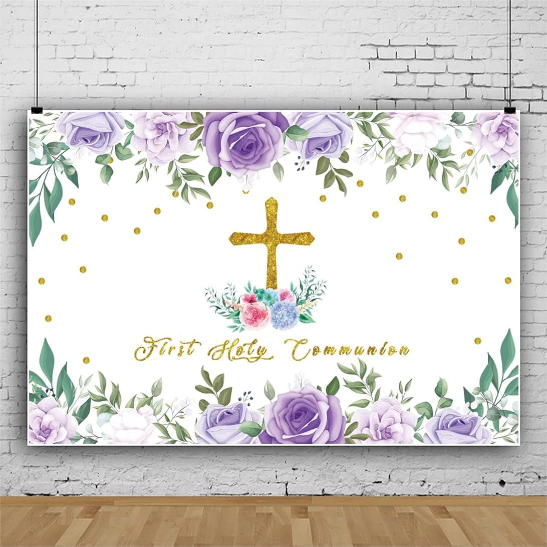 7x5Ft First Holy Communion Photography Backdrop Purple Floral ...