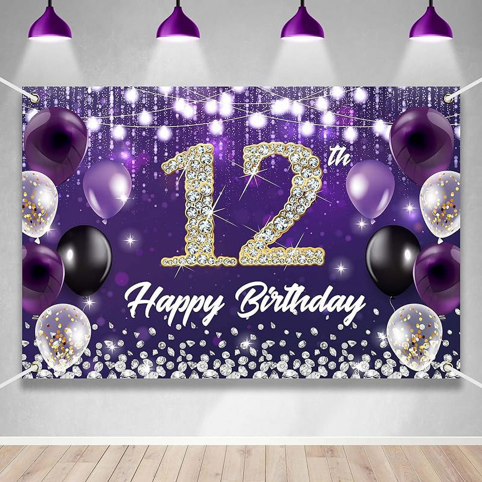 7x5Ft Happy 12nd Birthday Backdrop Banner Purple Theme Decor with Shiny ...