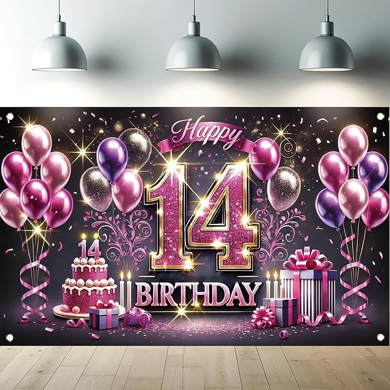 7x5Ft Happy 14th Birthday Decorations Backdrop Banner for Girls Purple ...