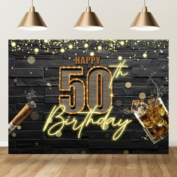 7x5Ft Happy 50th Birthday Backdrop Brick Wall Lights Fifty Year Old ...