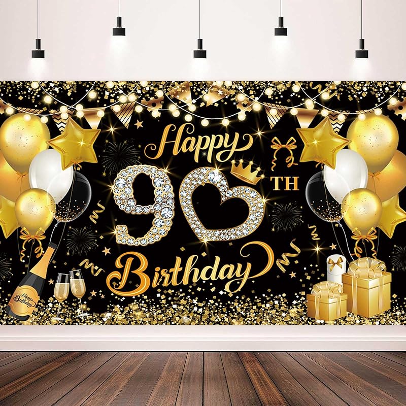 7x5Ft Happy Birthday Backdrop Banner Cloth, Glitter Black Gold Happy ...