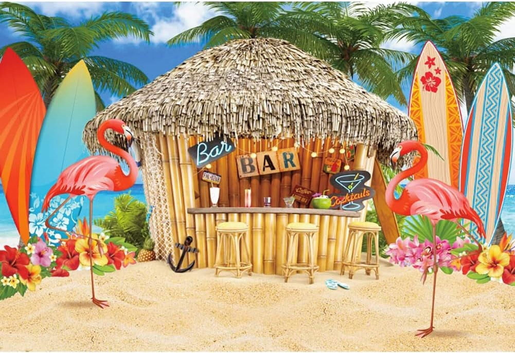 7x5Ft Hawaiian Beach Seaside Bar Backdrop Tropical Flamingos Palm Tree ...