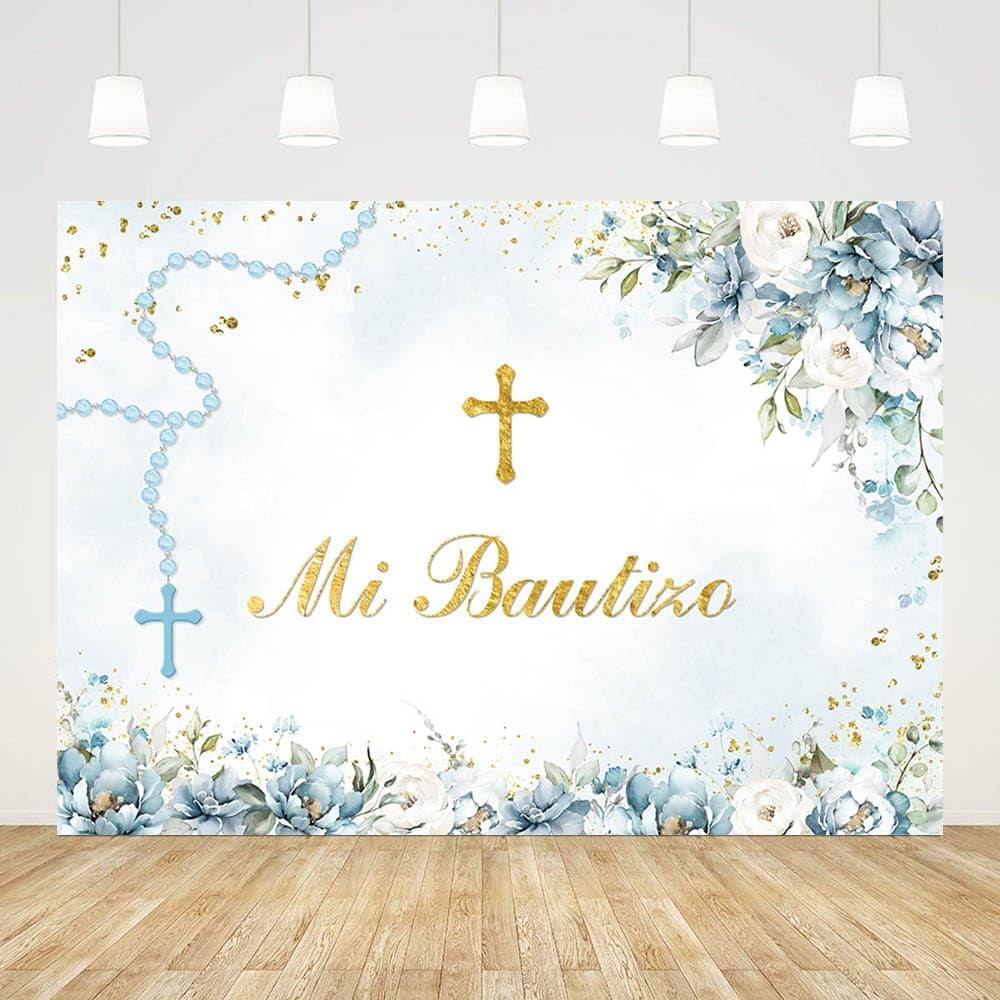 7x5Ft Mi Bautizo Backdrop Blue Floral Gold Glitter Baptism Backdrop Mi ...