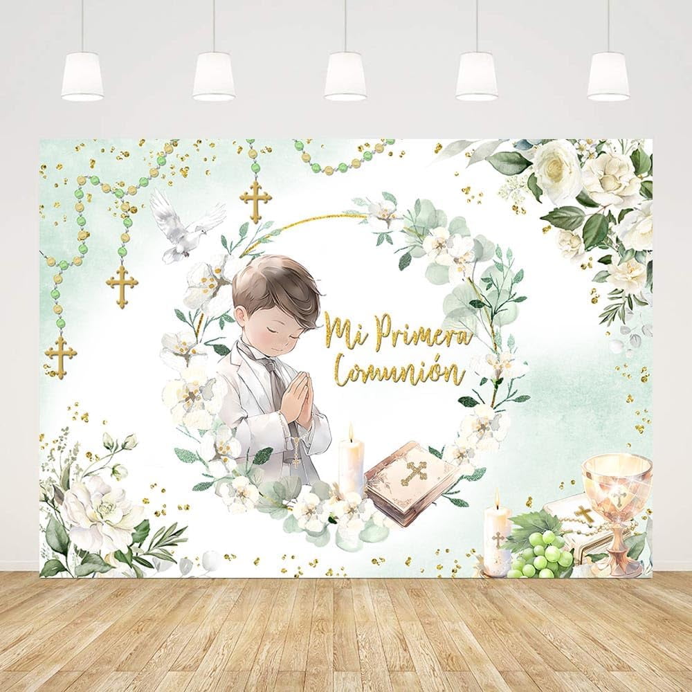 7x5Ft Mi Primera Comunion Backdrop for Boy Baptism Christening Photography Background God Bless ...