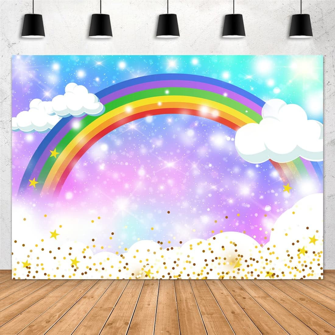 7x5Ft Rainbow Backdrop Sky Cloud Glitter Stars Gold Dots Girls Birthday ...