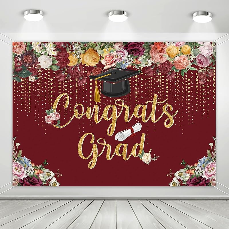 7x5Ft Red Gold Glitter Congrats Grad Backdrop,Graduation Party ...