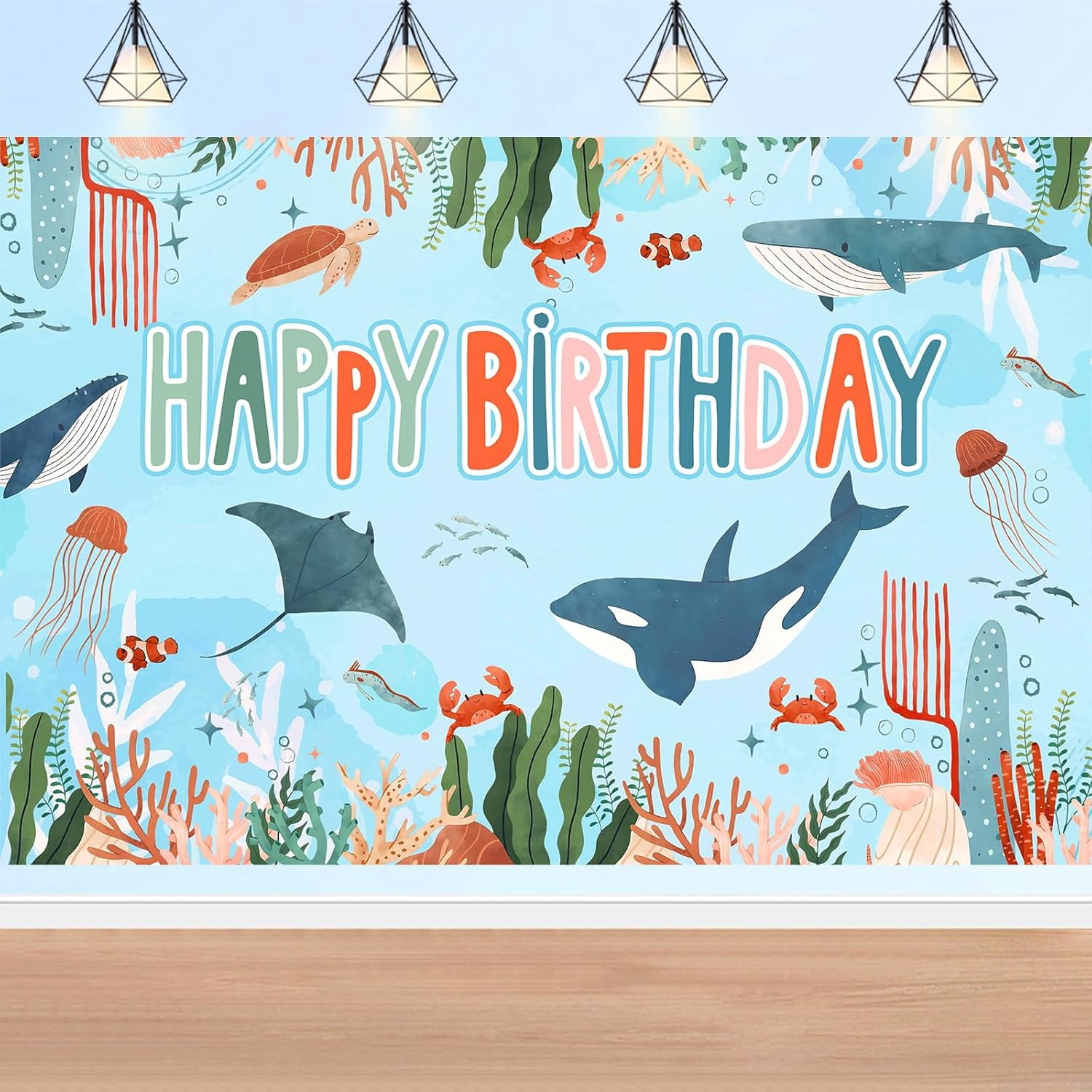 7x5Ft Under The Sea Birthday Backdrop Blue Ocean Animal Happy Birthday ...