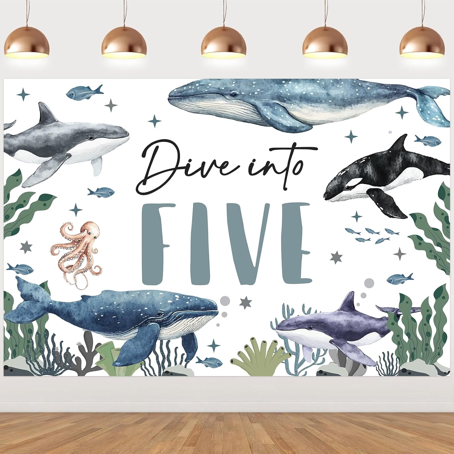 7x5Ft Shark 5th Birthday Party Backdrop Sea World Ocean Creatures Dive ...