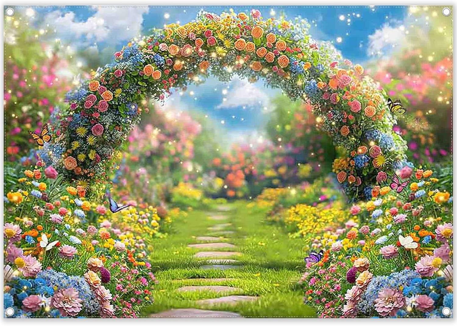 7x5Ft Spring Flowers Arch Backdrop Garden Floral Butterfly Green Grass ...