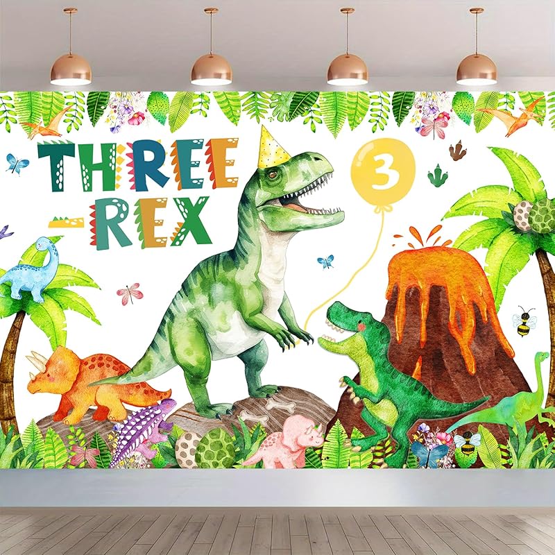 7x5Ft Three Rex Birthday Party Backdrop Boy Dinosaur 3rd Birthday Party ...