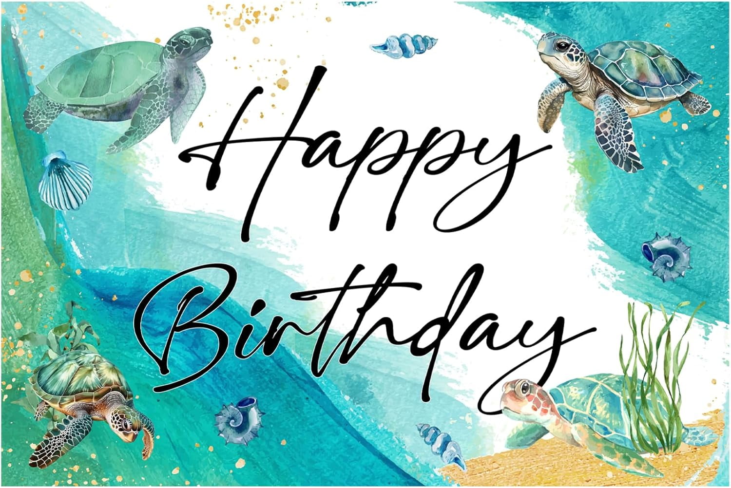 7x5Ft Turtle Happy Birthday Backdrop Green - Watercolor Sea Turtle ...