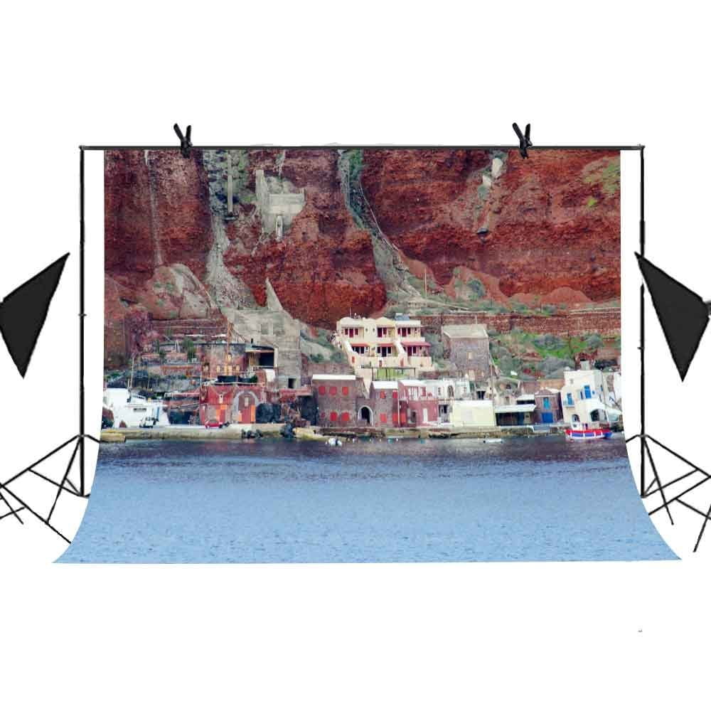 7x5ft Architectural Landscape Backdrop Red Mountain Building Boat River ...
