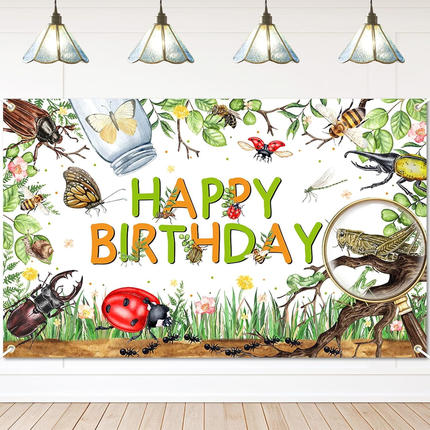 7x5ft Beautiful Backdrop Bugs Happy Birthday Party Banner Spring Insect ...