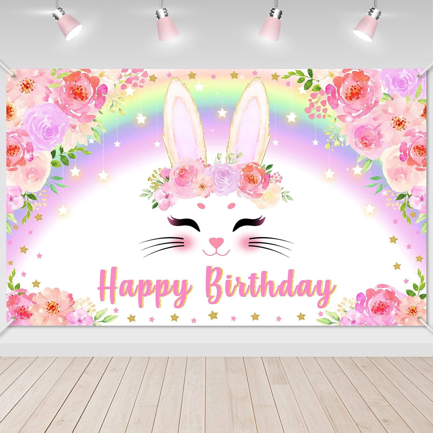 7x5ft Beautiful Backdrop Bunny Birthday Banner Pink Floral Rainbow ...
