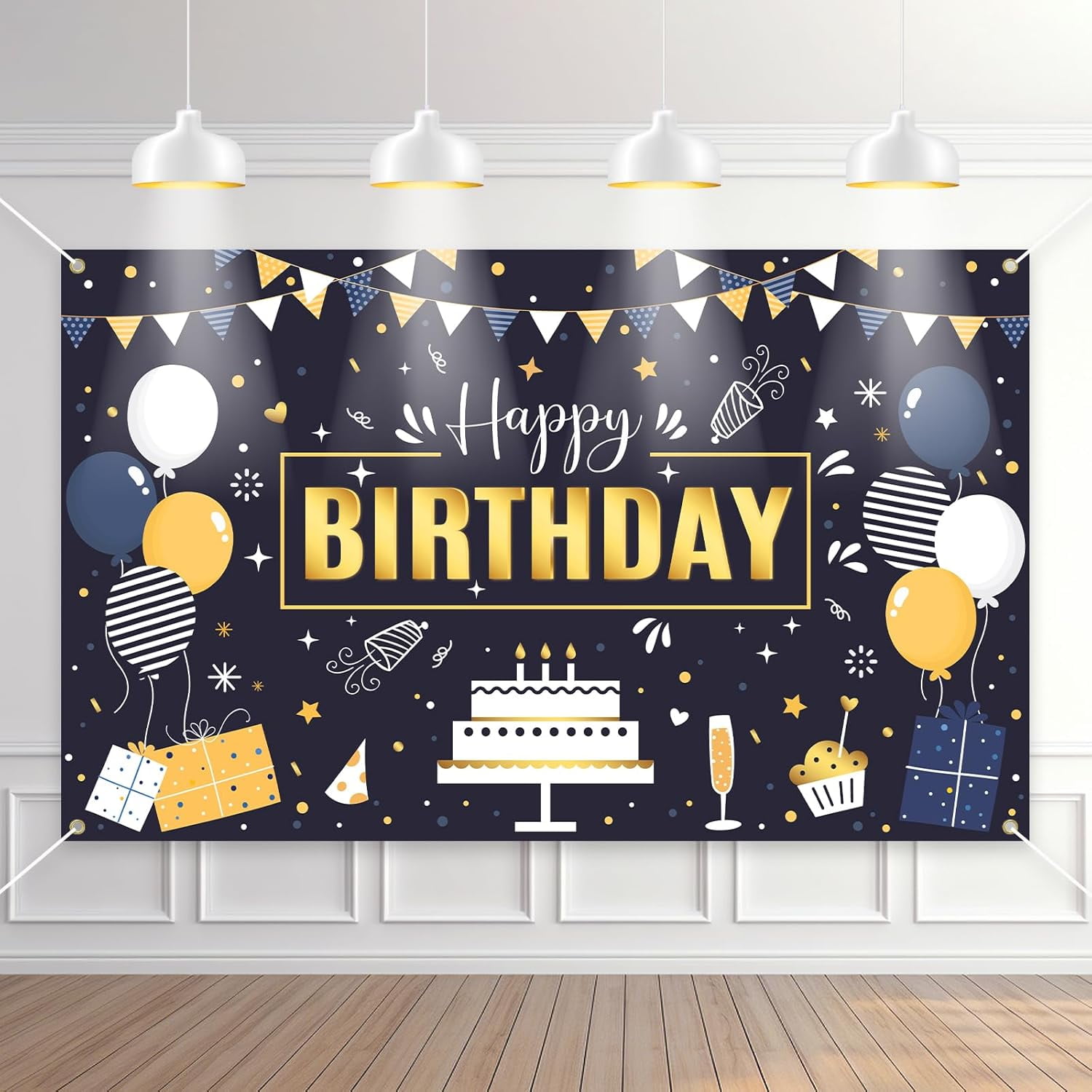 7x5ft Beautiful Happy Birthday Backdrop Banner Navy Blue and Gold Birthday Party Decoration Blue ...