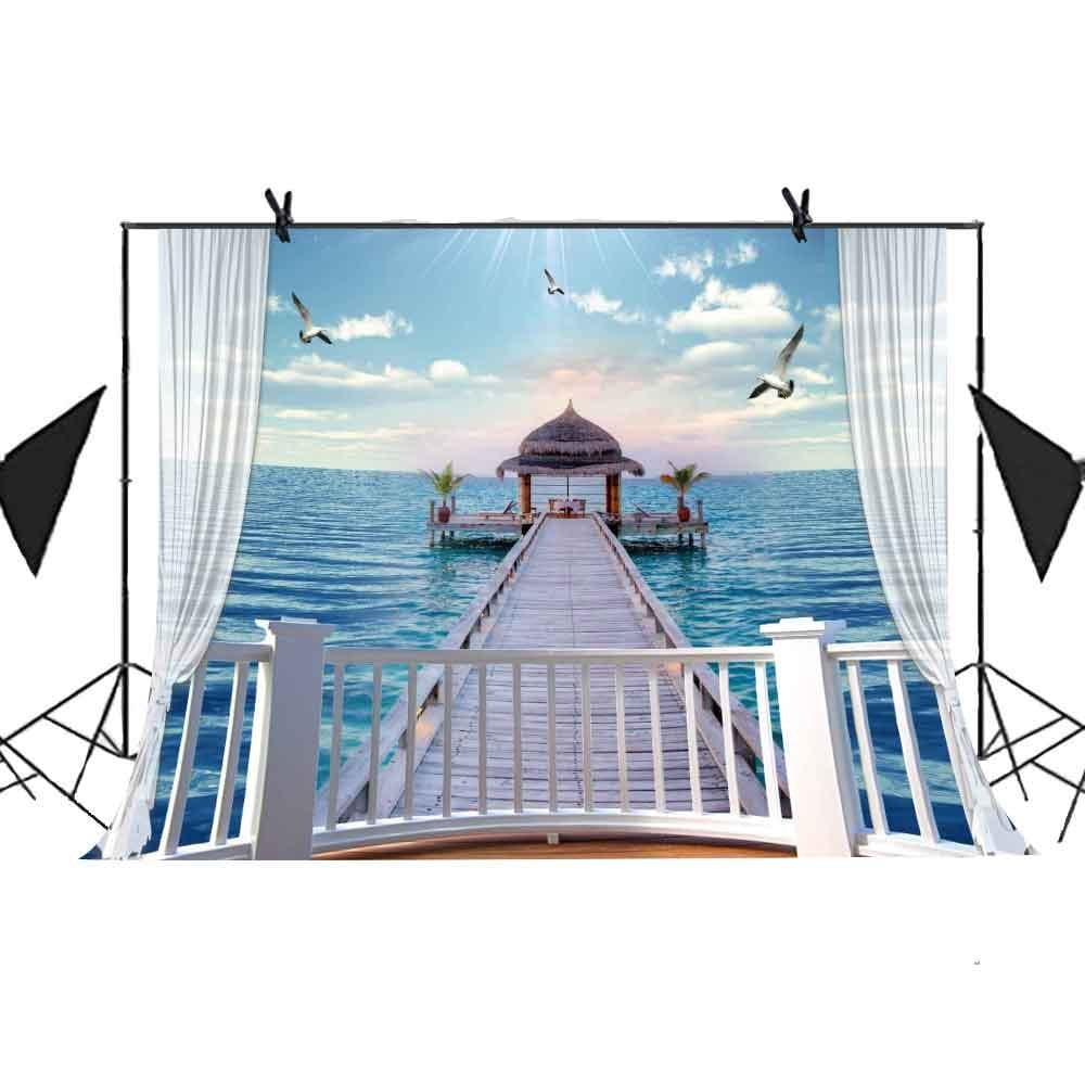 7x5ft Beautiful Seaside Scenery Backdrop Wooden Railing Wooden Bridge ...