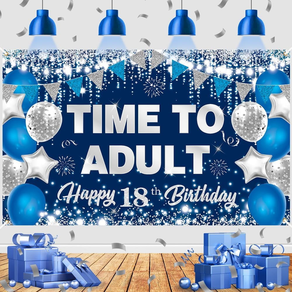 7x5ft Blue Silver 18th Birthday Banner Party Decorations for Boys Girls ...