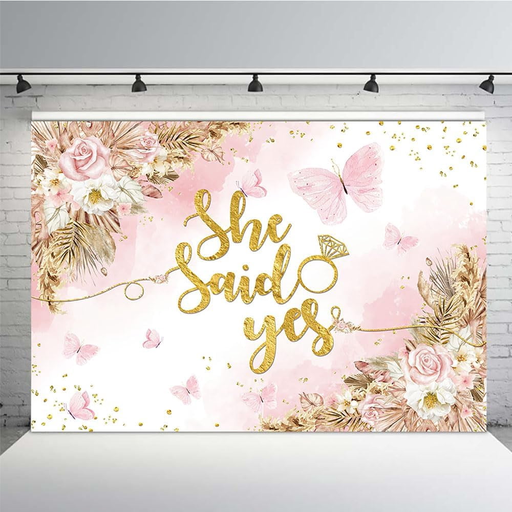 7x5ft Boho She Said Yes Backdrop Mr and Mrs Pink Pampas Grass Bridal ...