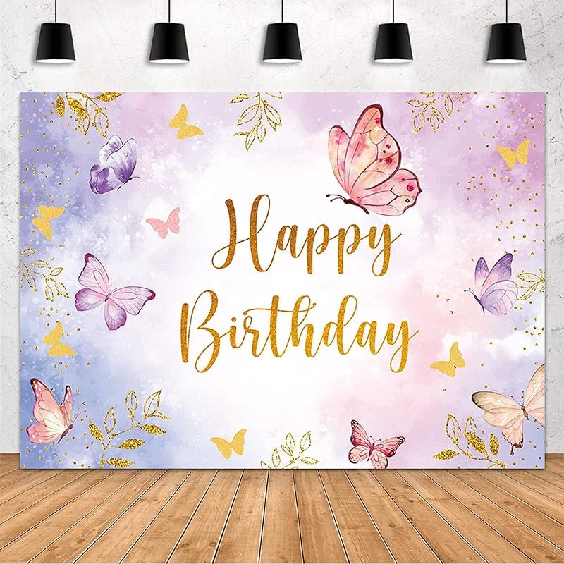 7x5ft Butterfly Happy Birthday Backdrop for Girl Butterfly Birthday Decoration Banner Purple and ...