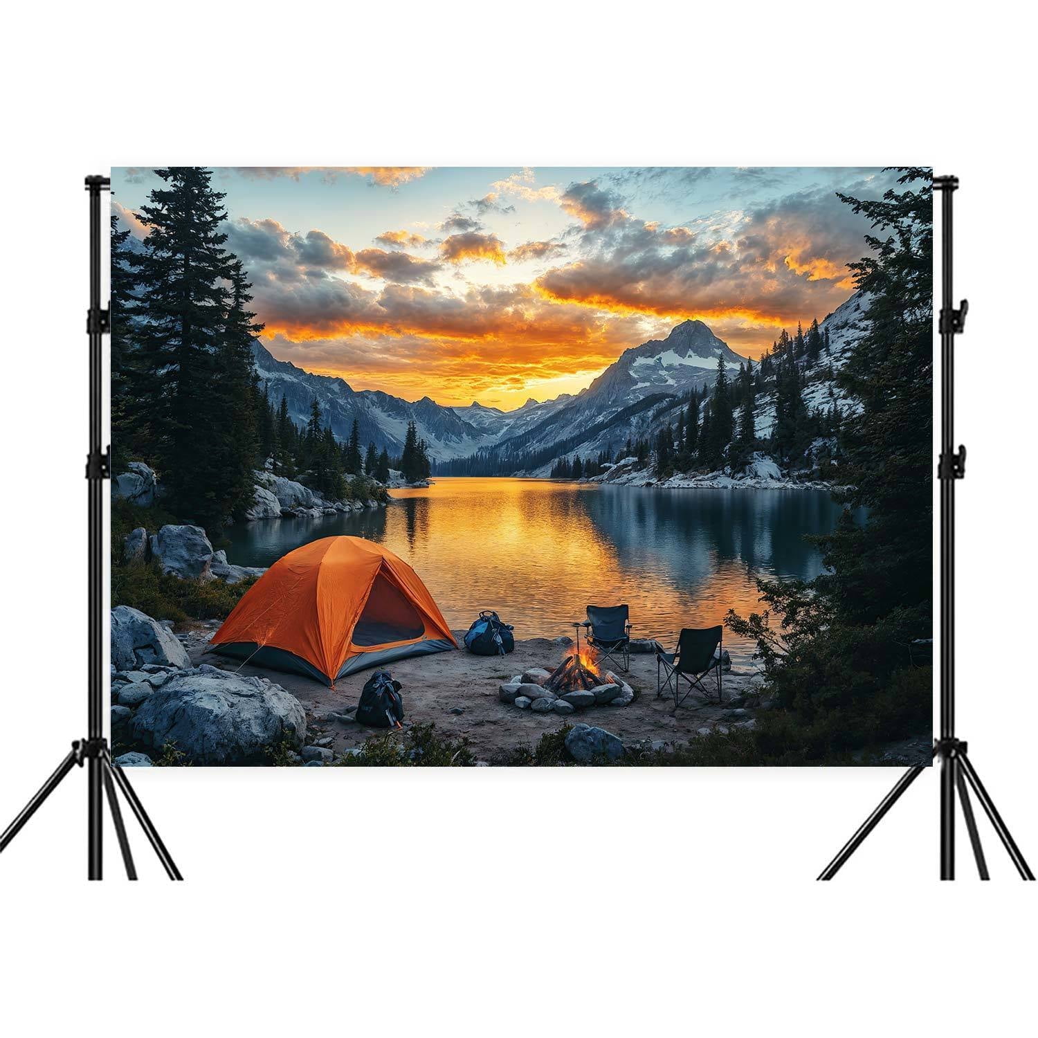 7x5ft Camping Backdrop Nature Mountain Forest Scene Campfire Orange ...