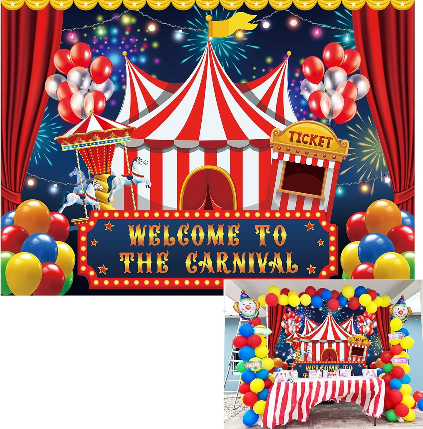 7x5ft Carnival Circus Party Backdrop Decor Circus Tent Carousel Ticket ...