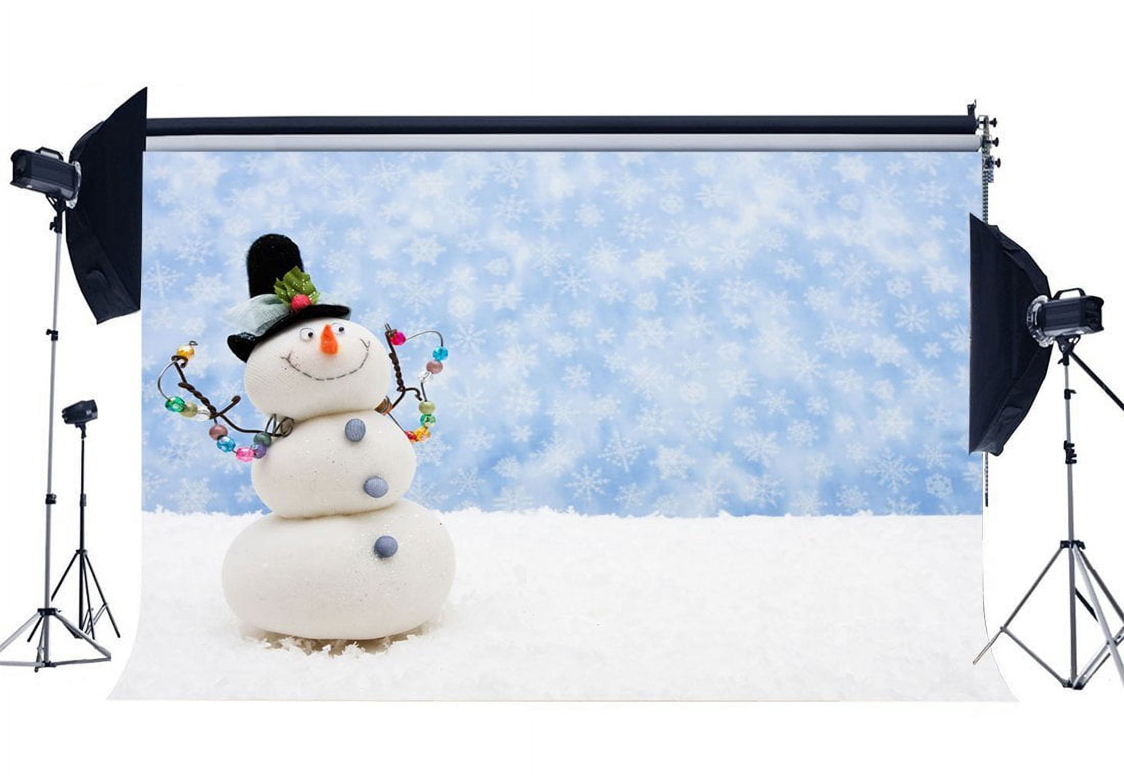 7x5ft Christmas Backdrop Snowman Heavy Snow Snowflakes Blue Bokeh Halos ...