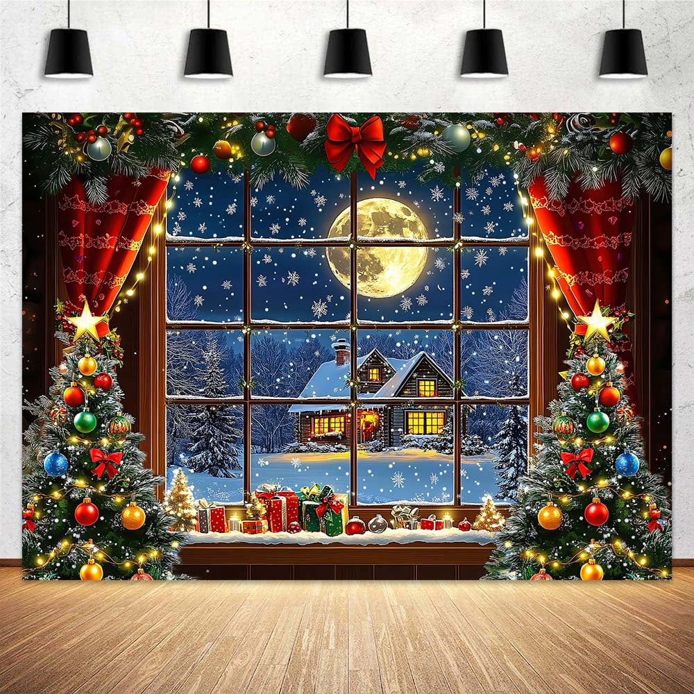 7x5ft Christmas Winter Window Backdrop Christmas Moonlit Snowy Window ...