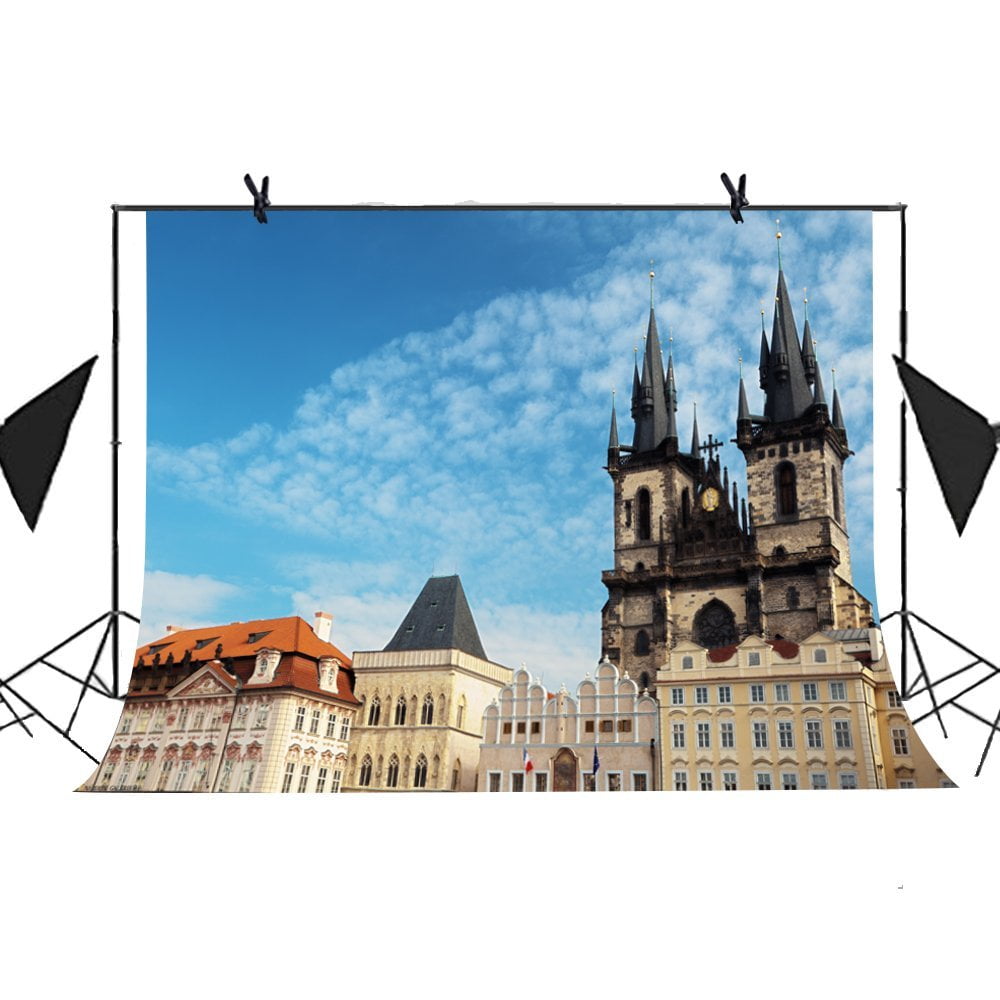 7x5ft City Building Backdrop Church Building Clock Blue Sky White ...