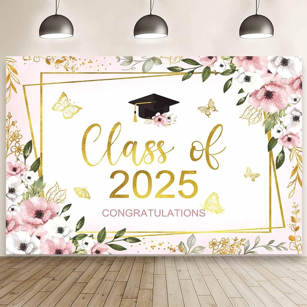 7x5ft Class of 2025 Congratulations Backdrop Pink Floral Congrats Grad ...